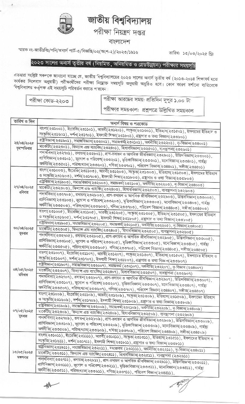 NU Honours 3rd Year Routine 2025 Published - Bangladesh Affairs