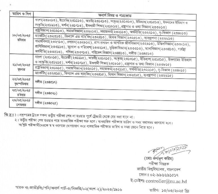 NU Honours 3rd Year Routine 2025 Published - Bangladesh Affairs
