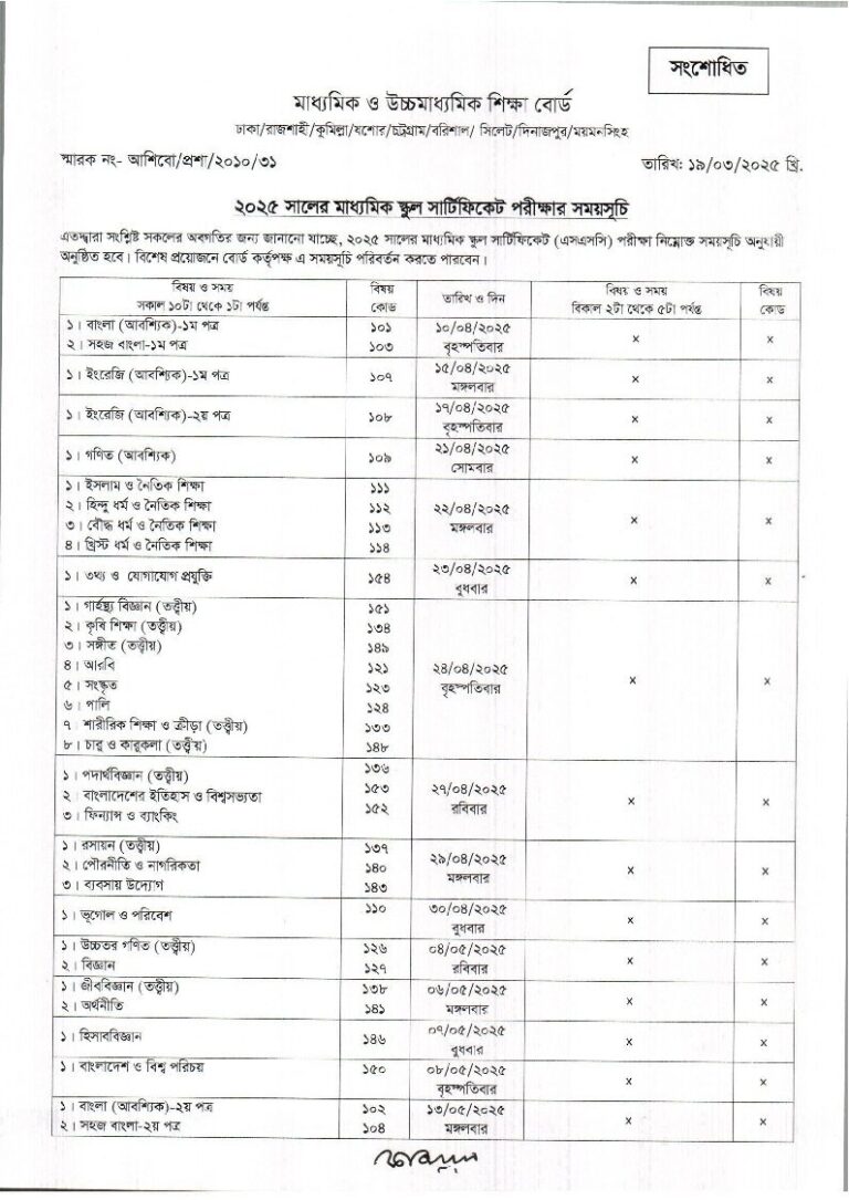 Revised SSC Routine 2025 Published - Bangladesh Affairs