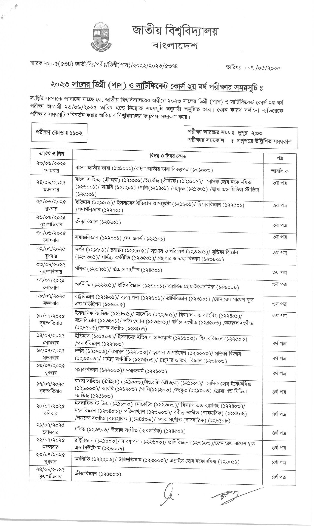 NU Degree 2nd Year Routine 2025 Published - Bangladesh Affairs